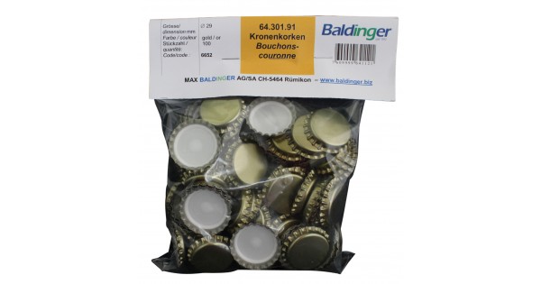 Bouchons-couronne 29 mm or 100 pièces/sachet joint PVC